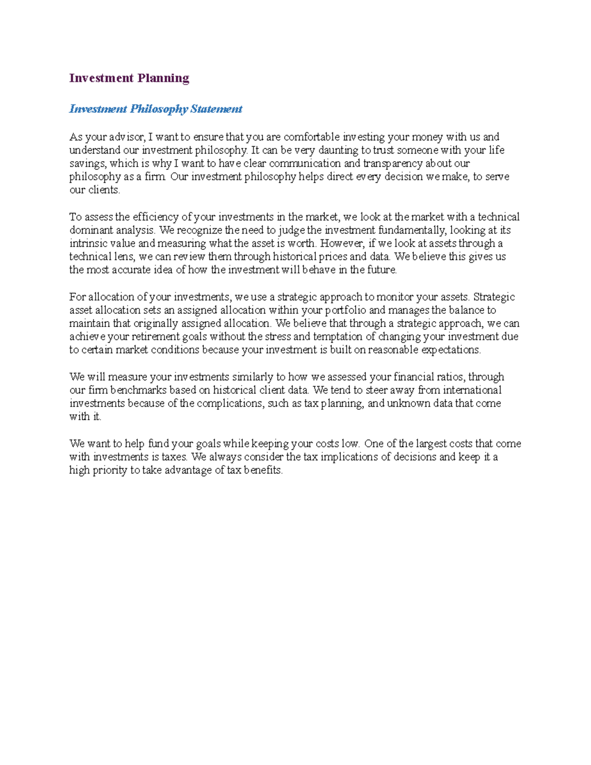 Portfolio Analysis - [Seibert Aidan] - Investment Planning Investment ...