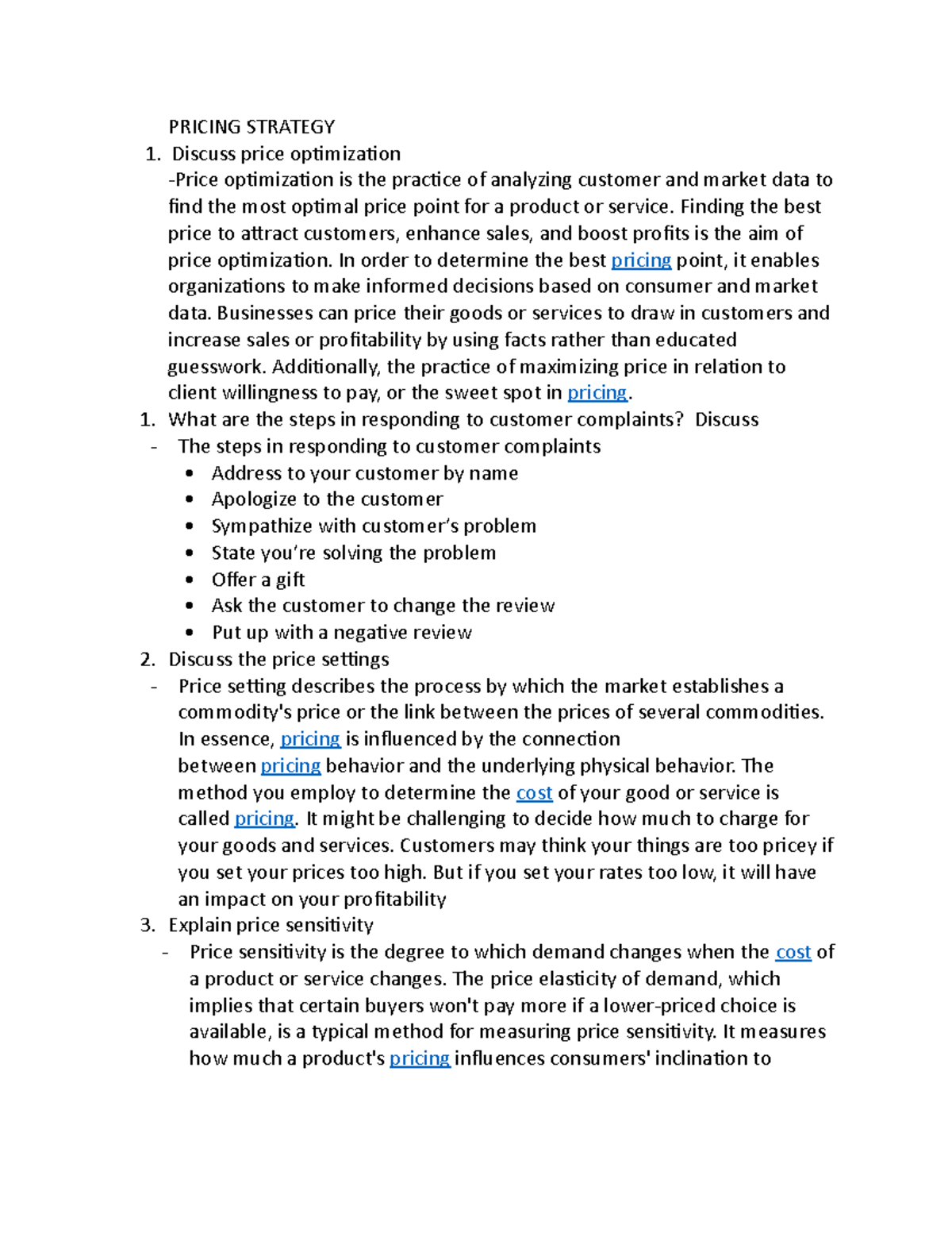 Pricing Strategy - PRICING STRATEGY Discuss price optimization -Price ...