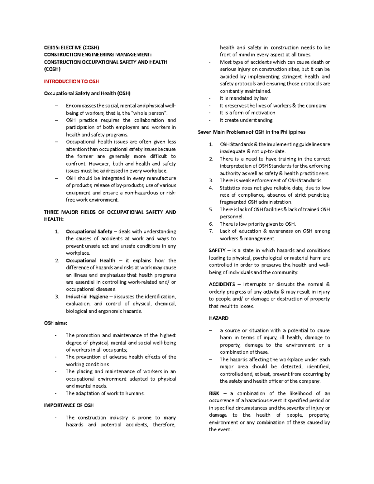 COSH - Cosh materials - CE315: ELECTIVE (COSH) CONSTRUCTION ENGINEERING ...