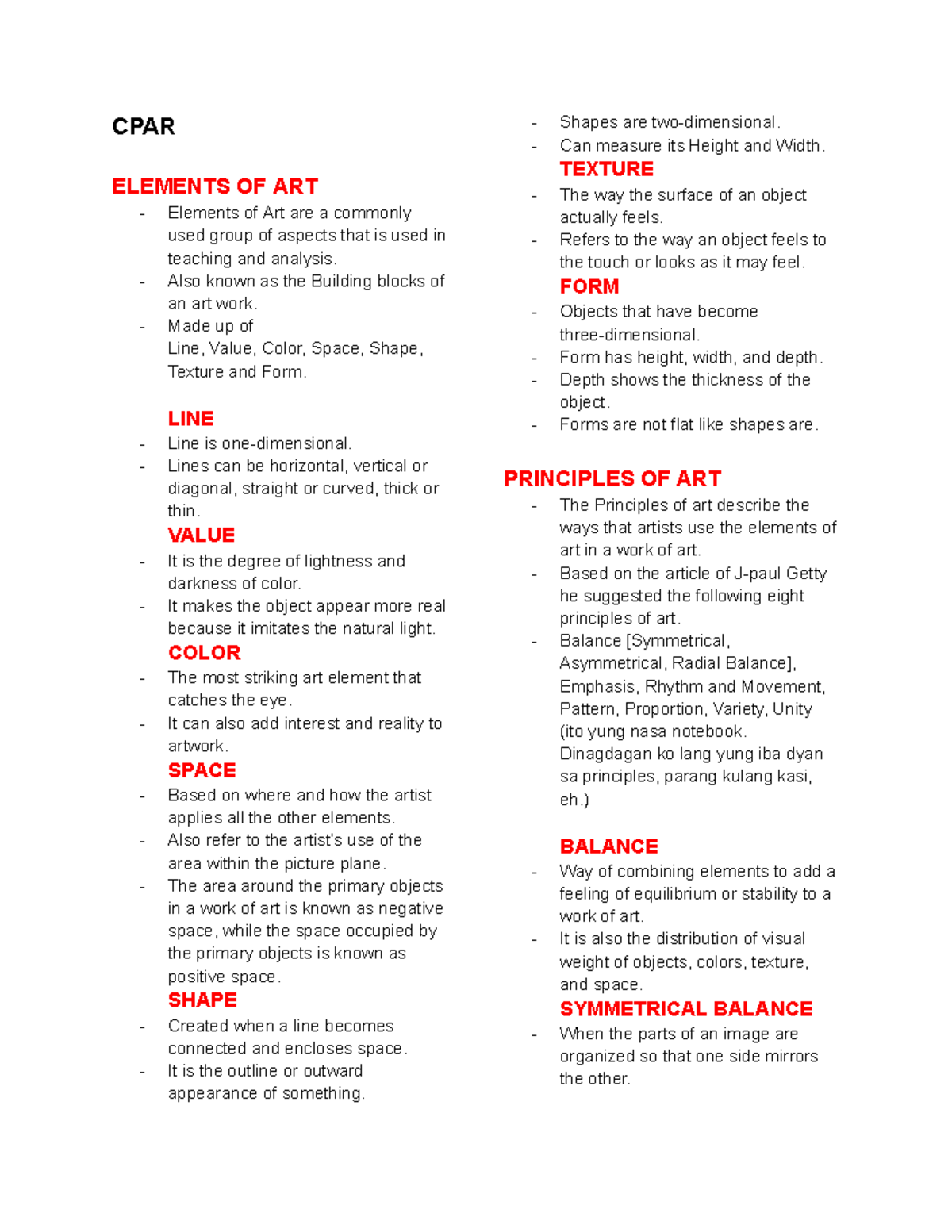 CPAR - Notes for Cpar - CPAR ELEMENTS OF ART Elements of Art are a ...
