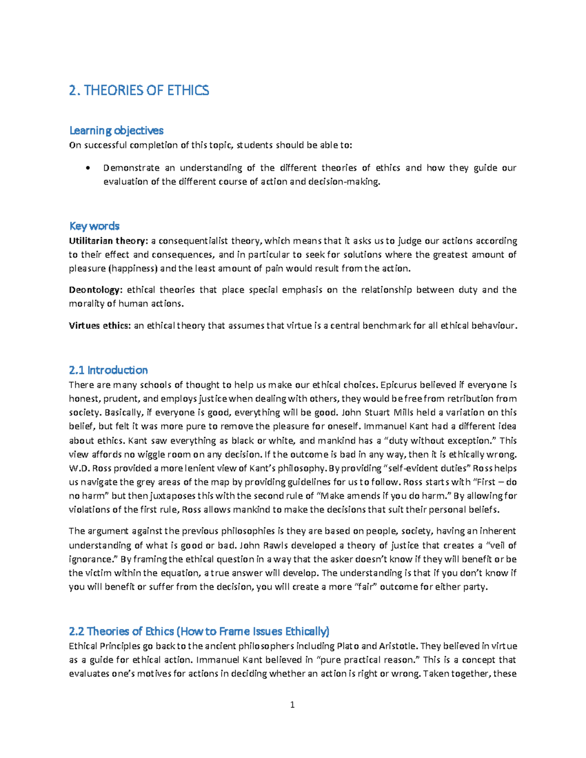 2. 2021 - Theories of Ethics[ 3729] - 2. THEORIES OF ETHICS Learning objectives On successful ...