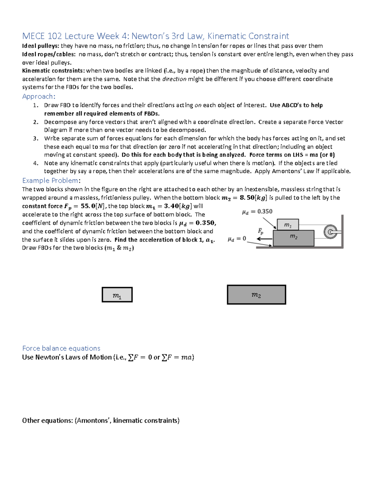 MECE 102 Lecture Week 4 Handout - MECE 102 Lecture Week 4: Newton’s 3rd ...