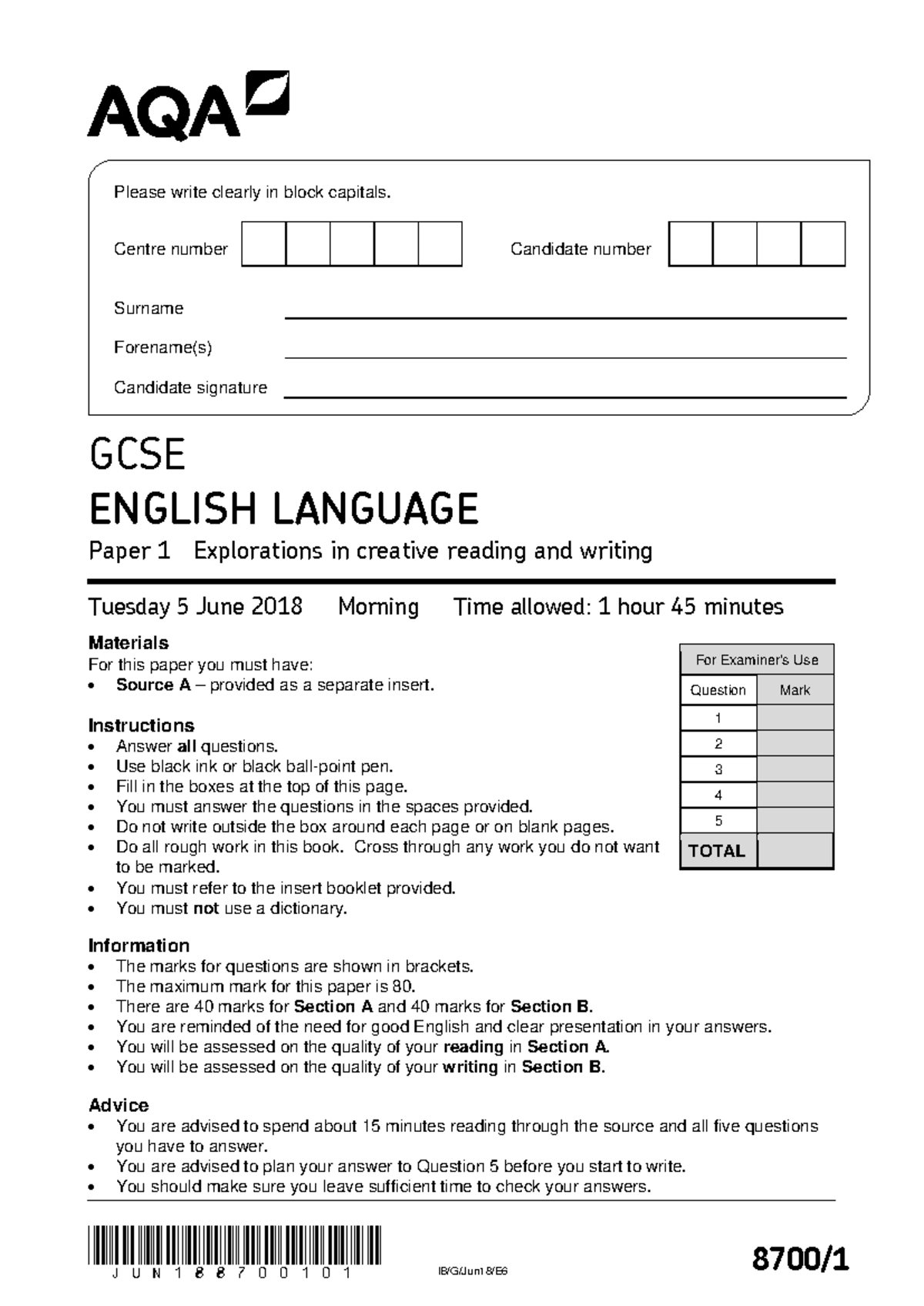 AQA GCSE English Language Paper 1 June 2018 - jun188700101 IB/G/Jun18 ...