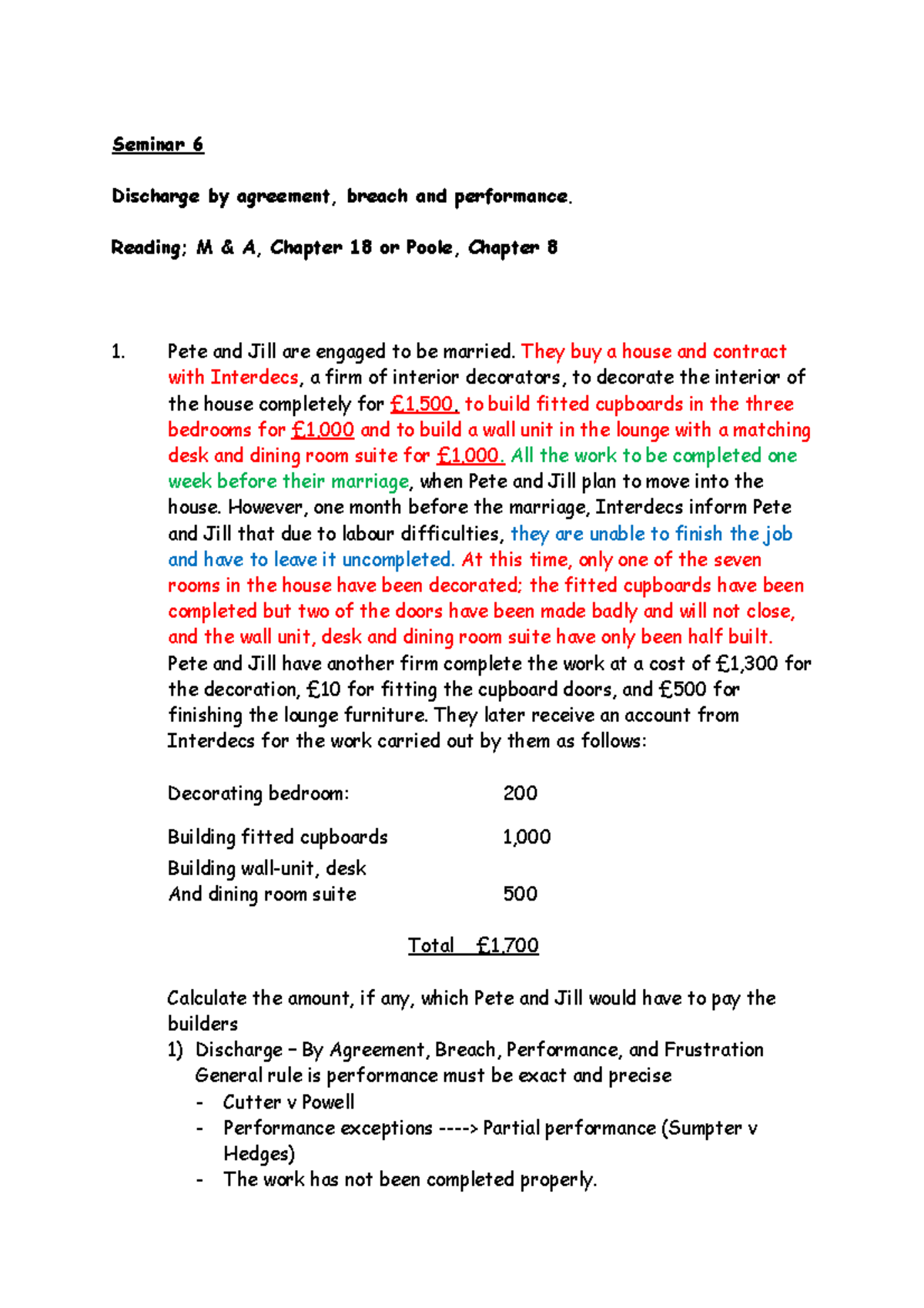 Contract seminar 6 MCTs - Seminar 6 Discharge by agreement, breach and performance. Reading; M ...