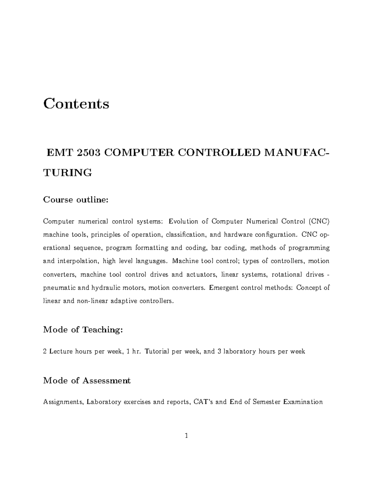 CCM - CAD Notes - Contents EMT 2503 COMPUTER CONTROLLED MANUFAC- TURING ...