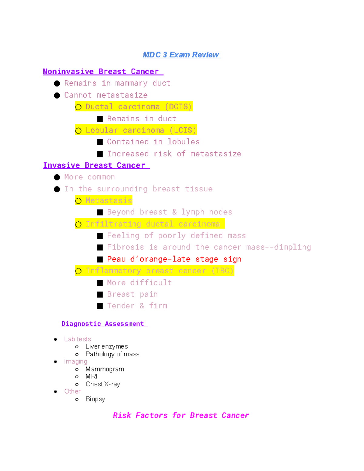 MDC 3 Exam 1 concept review - MDC 3 Exam Review Noninvasive Breast ...