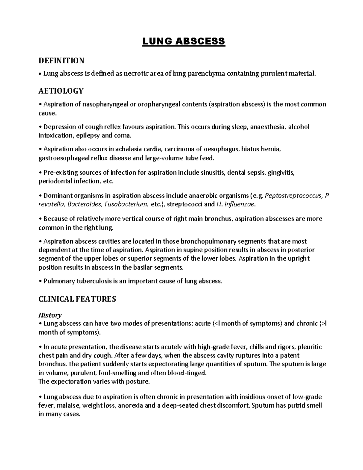 LUNG Abscess - Lecture notes 1 - LUNG ABSCESS DEFINITION Lung abscess ...