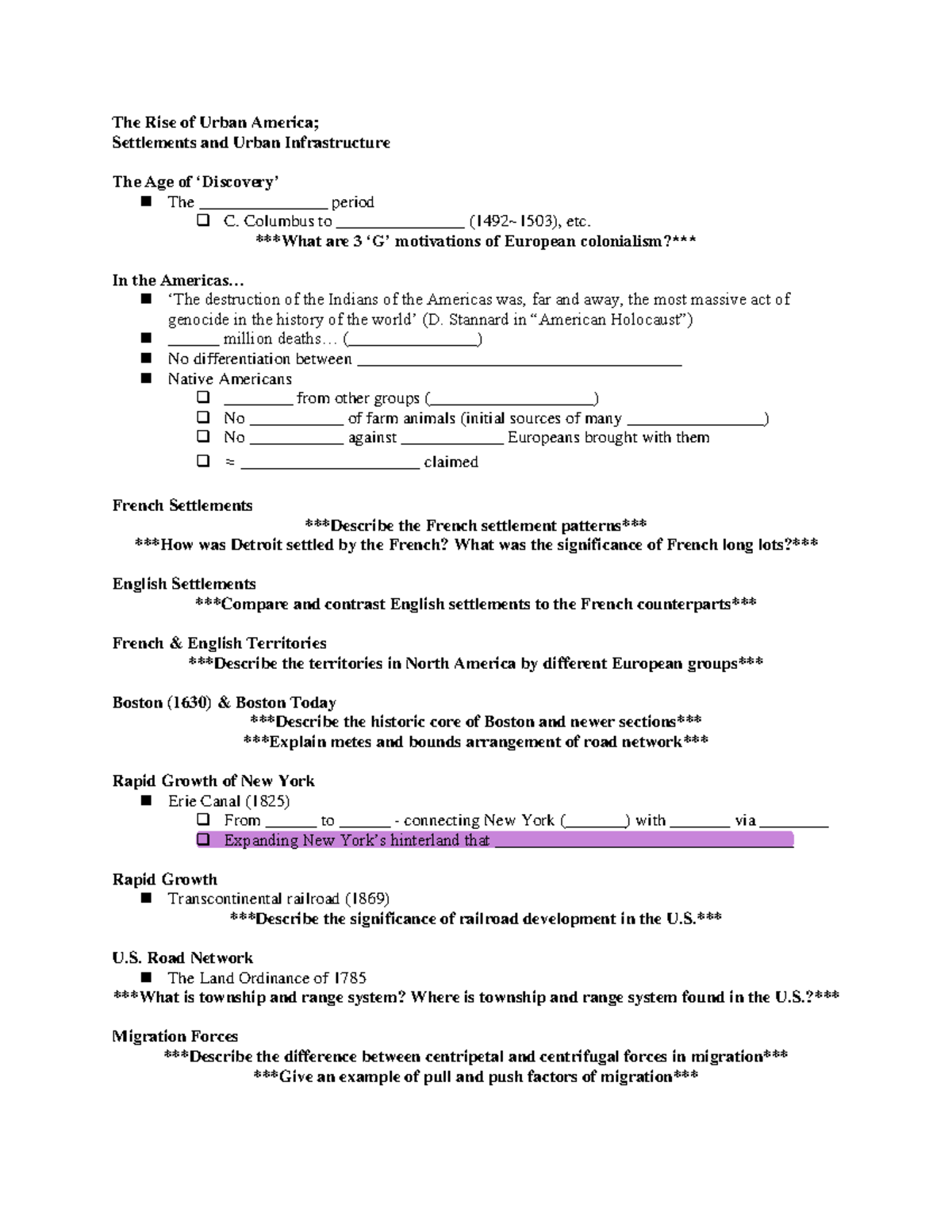 Week3 1 - Note template - The Rise of Urban America; Settlements and ...