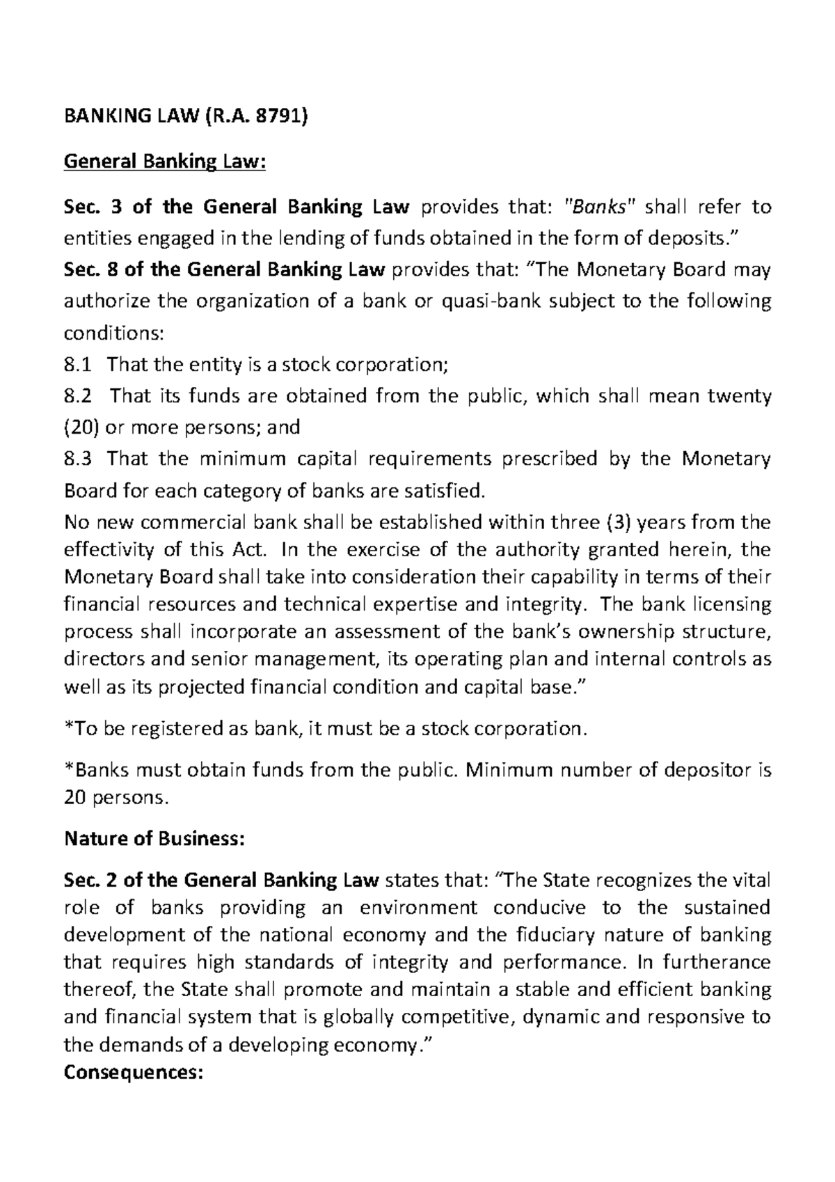 Banking LAW Atty Zarah - BANKING LAW (R. 8791) General Banking Law: Sec ...