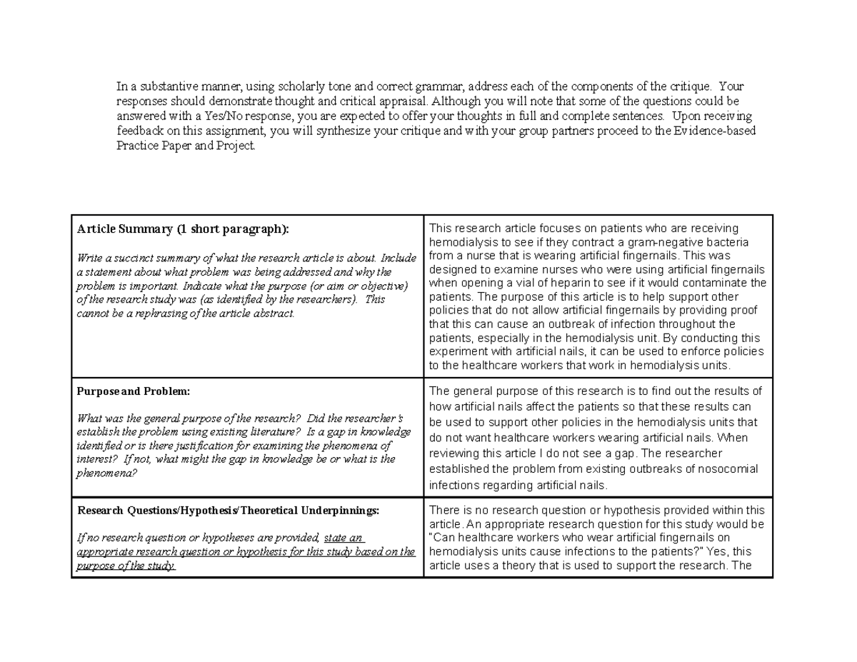 Article Critique - In a substantive manner, using scholarly tone and ...