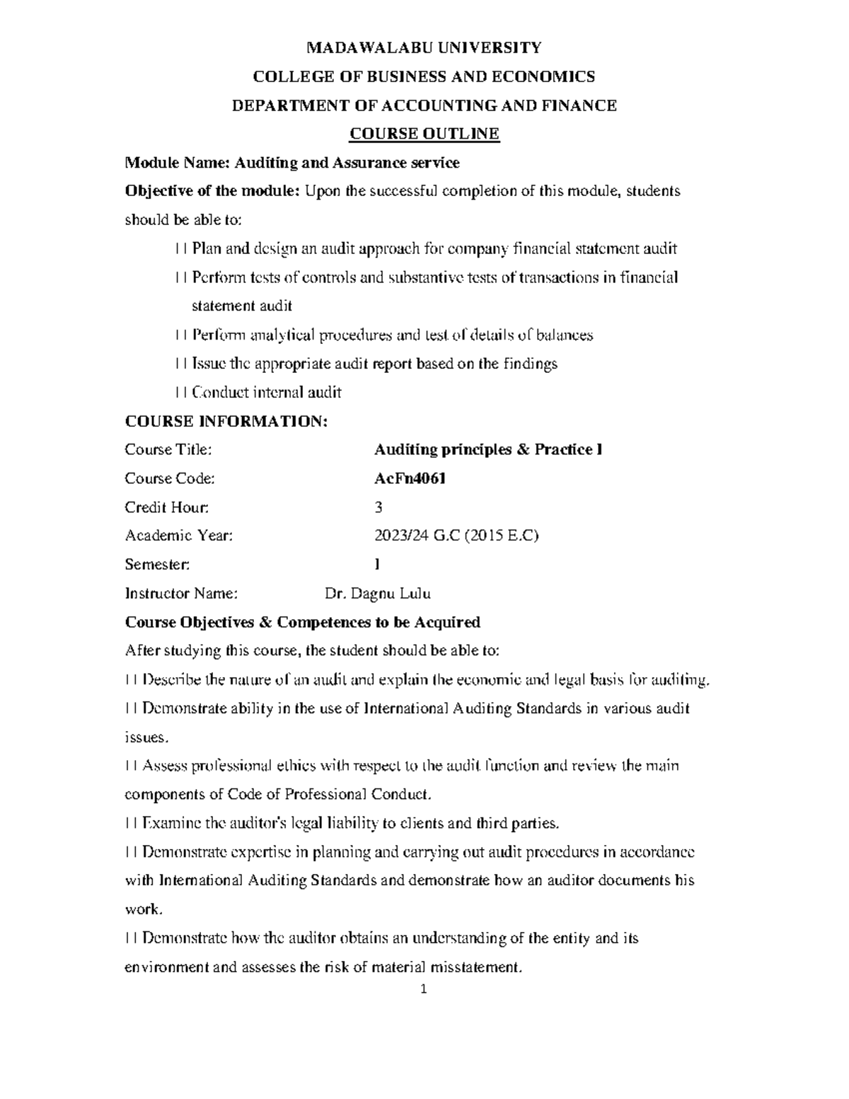 Audit 1 Coursre out line - MADAWALABU UNIVERSITY COLLEGE OF BUSINESS ...