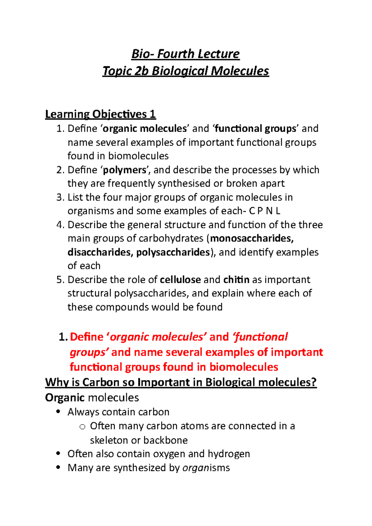 Bio fourth lecture - Bio- Fourth Lecture Topic 2b Biological Molecules ...