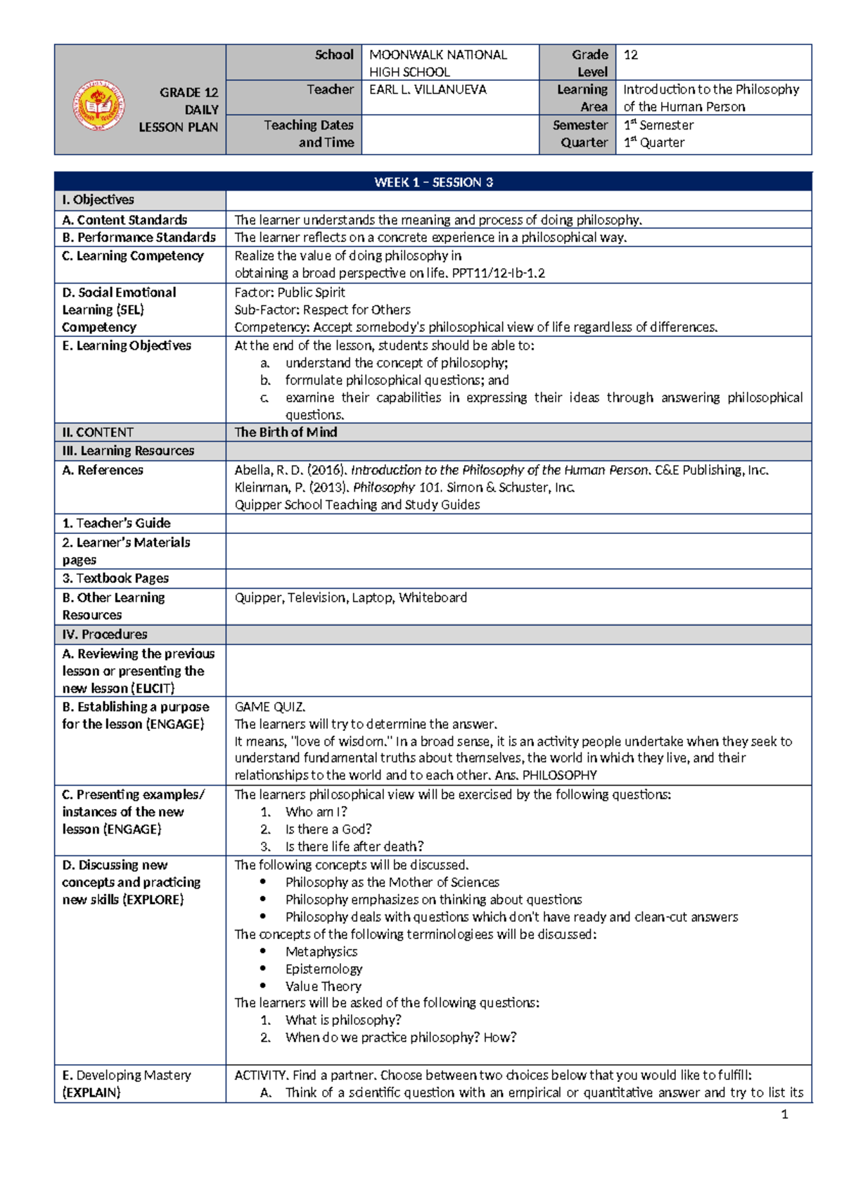 WEEK 1 DAY 3 - dll - GRADE 12 DAILY LESSON PLAN School MOONWALK ...