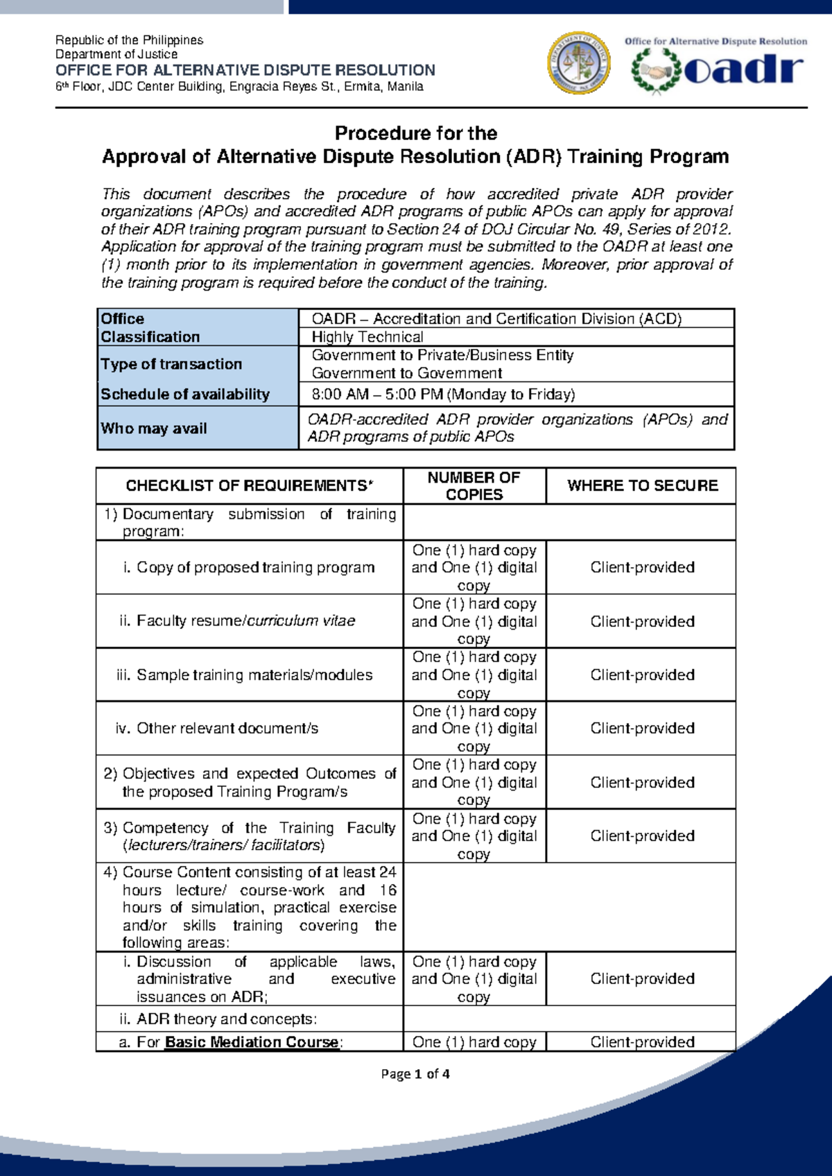 OADR Citizens Charter- Approval of Training Program - Procedure for the ...