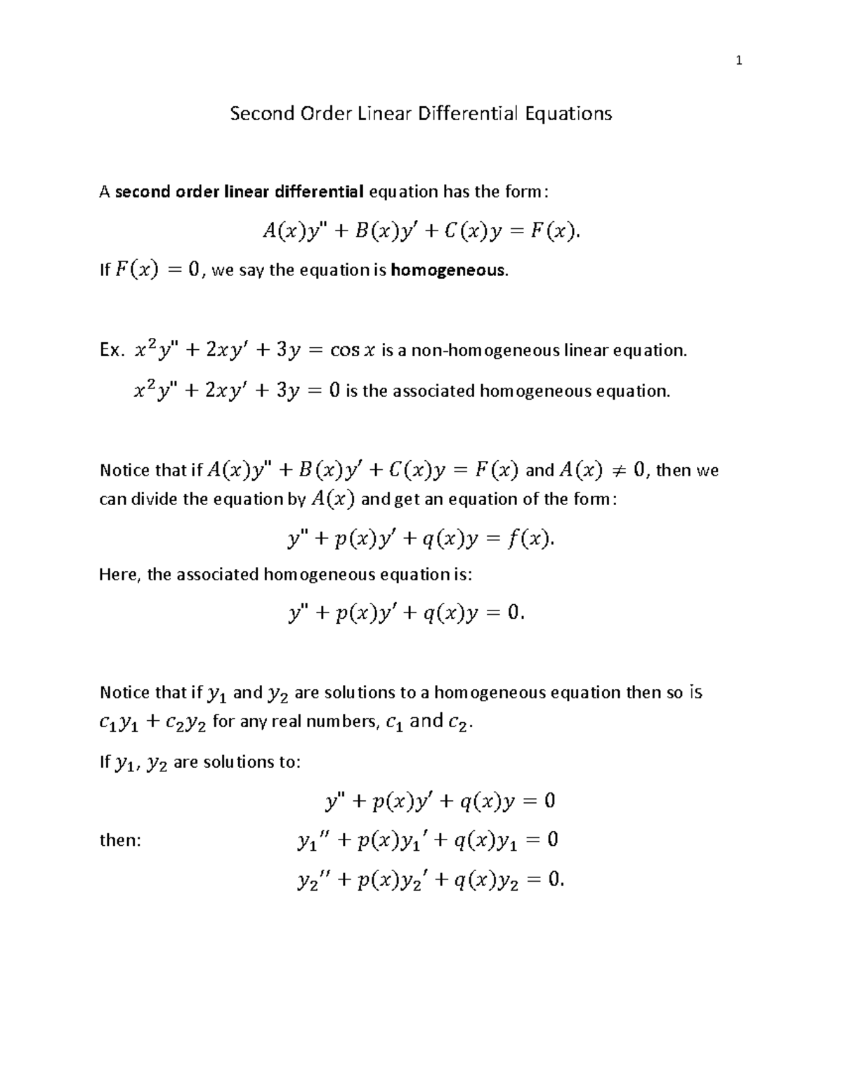 Linear Diff Ordinary Differential Equations Second Order Linear