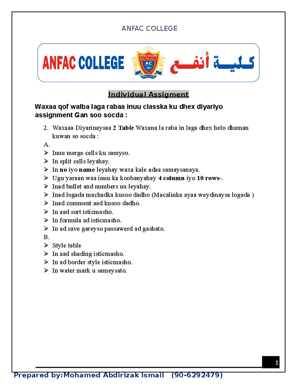 Word Assigment 2 of Morning Classes - Prepared by:Mohamed Abdirizak ...