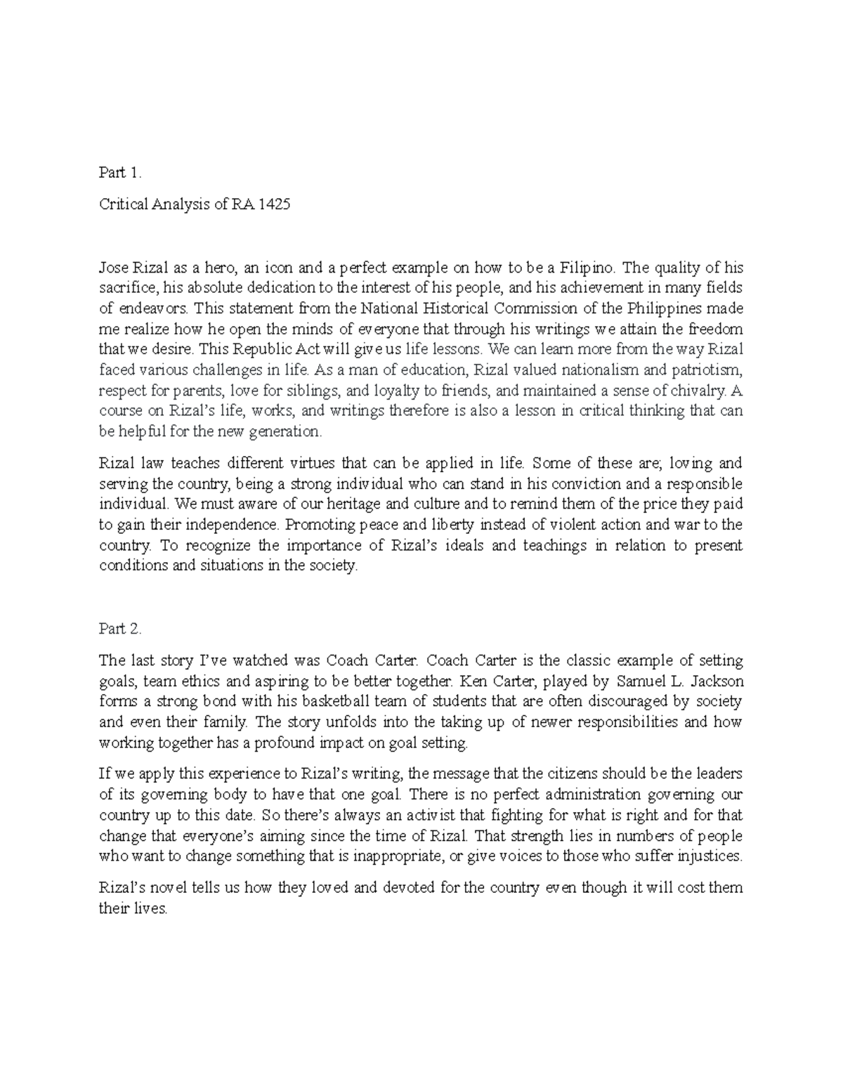 Activity 1 Critical Analysis of RA 1425 and Coach Carter movie Reaction ...
