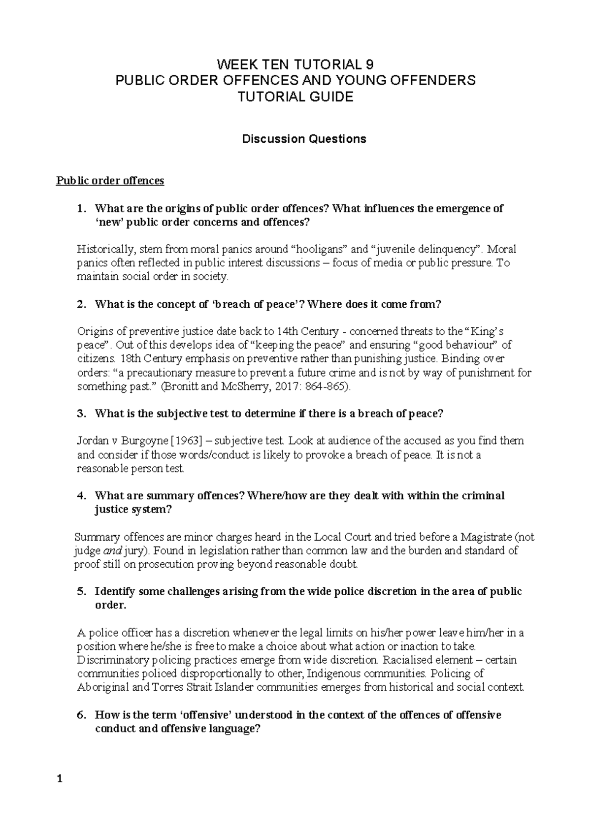 Tutorial 9 Week 10 Tutorial Guide - WEEK TEN TUTORIAL 9 PUBLIC ORDER OFFENCES AND YOUNG ...