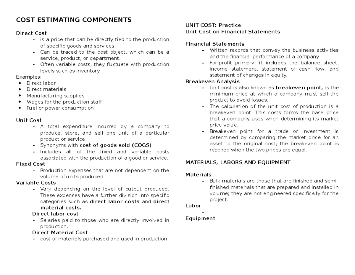 COST Estimating Components - COST ESTIMATING COMPONENTS Direct Cost ...