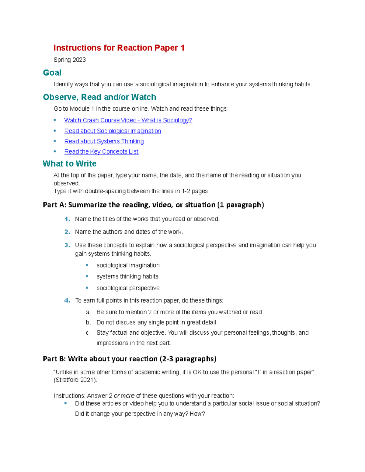 Instructions Reaction Paper 1 - Instructions for Reaction Paper 1 ...