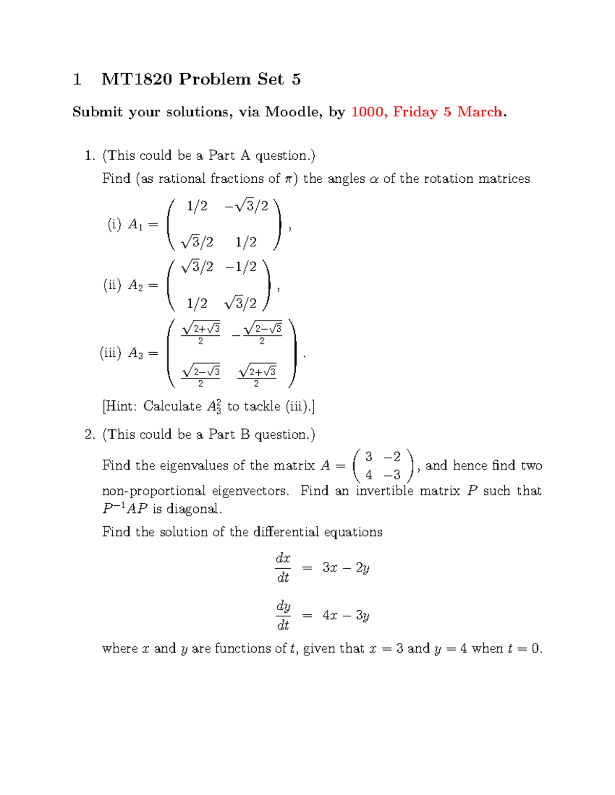 MT1820 Problem Set 5 - (This could be a Part A question.) Find (as ...
