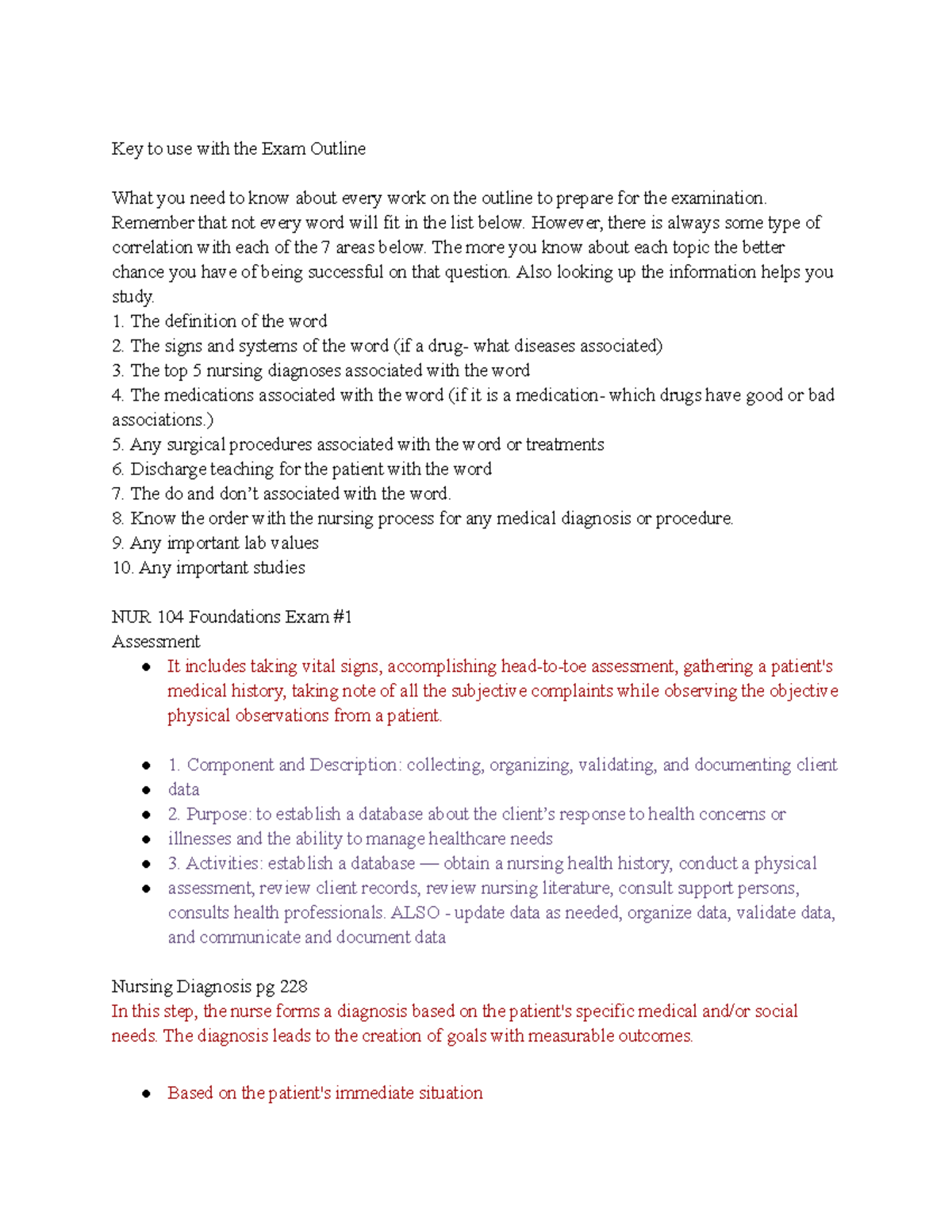 Foundations Of Nursing outline 1 - Key to use with the Exam Outline ...