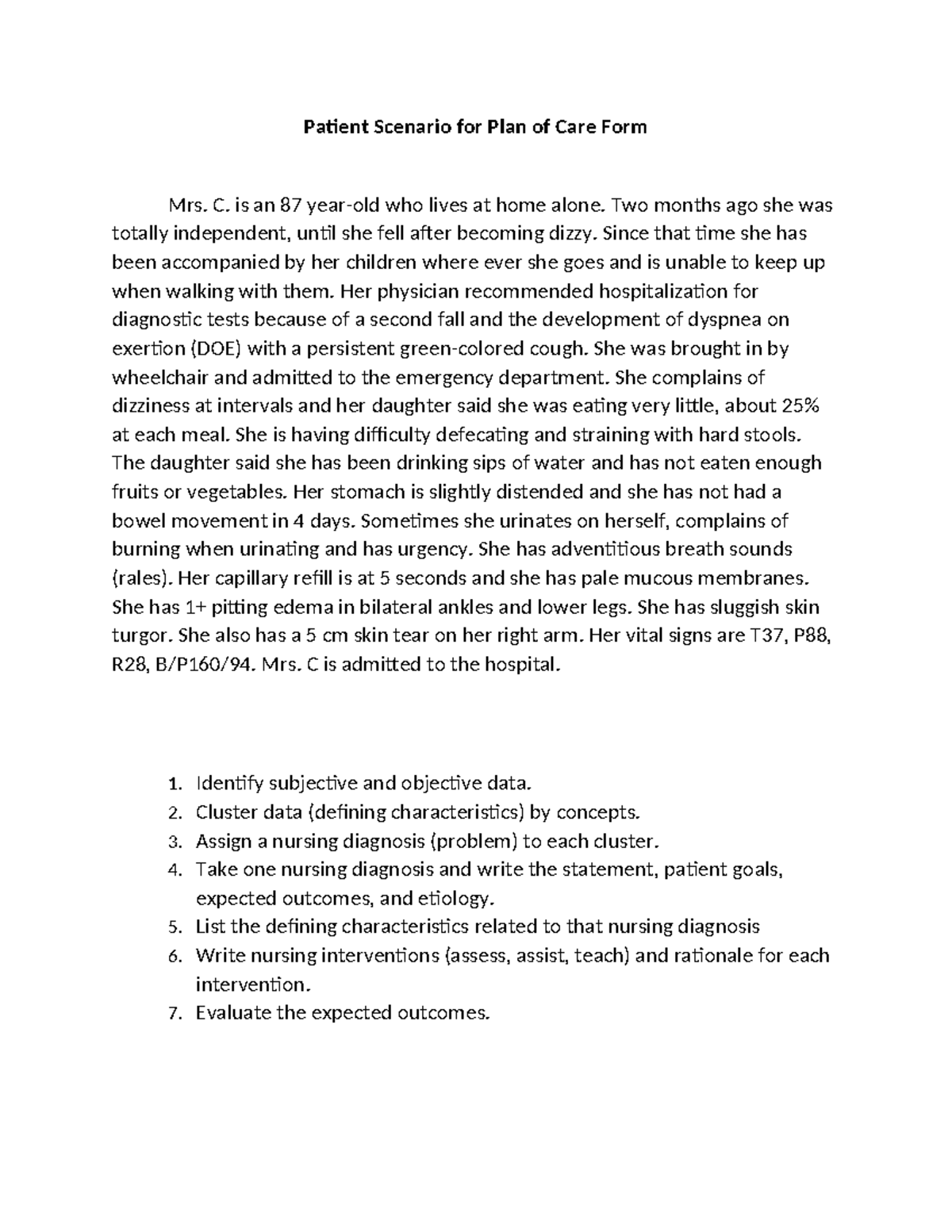 Care planning form -patient scenario - Patient Scenario for Plan of ...