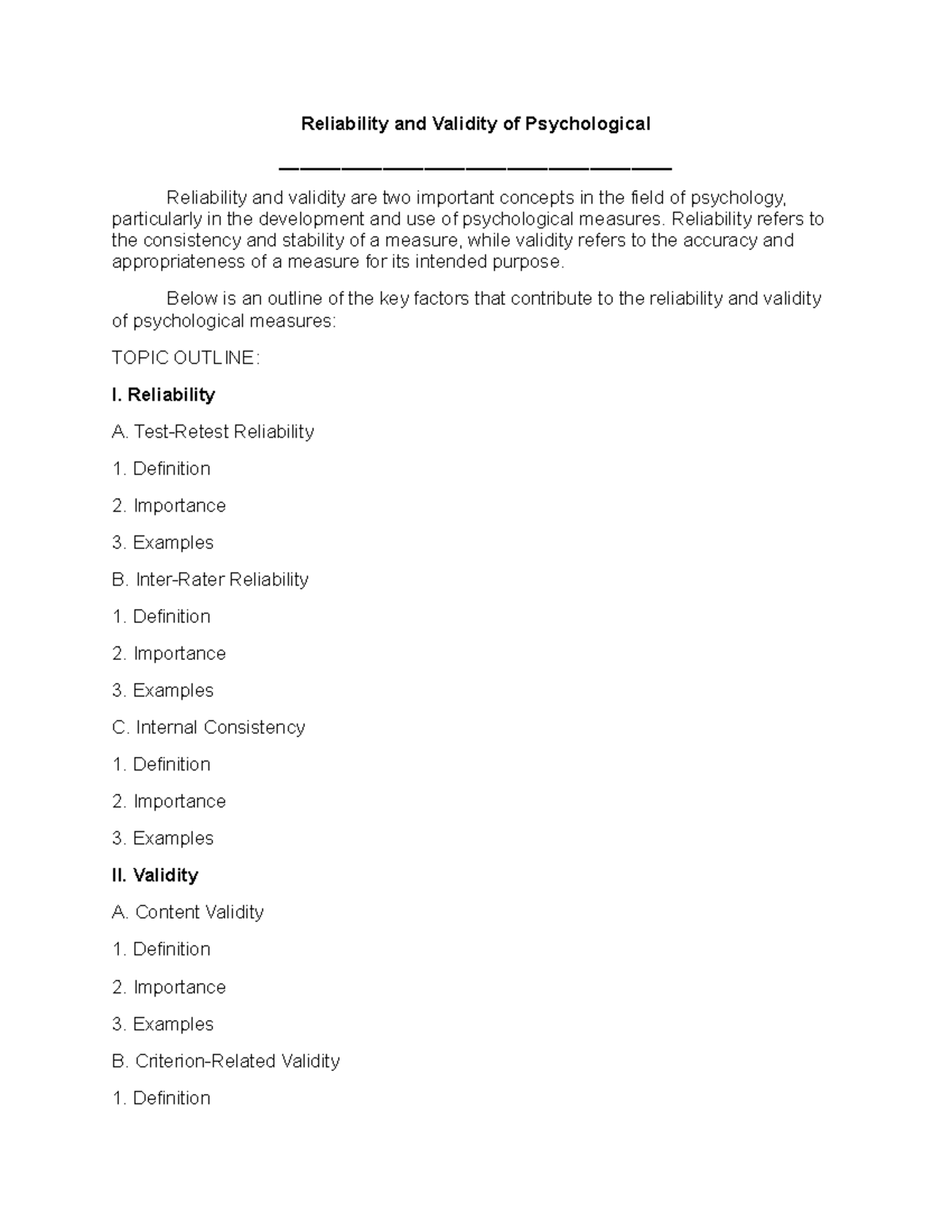 Reliability and Validity of Psychological - Reliability and Validity of ...