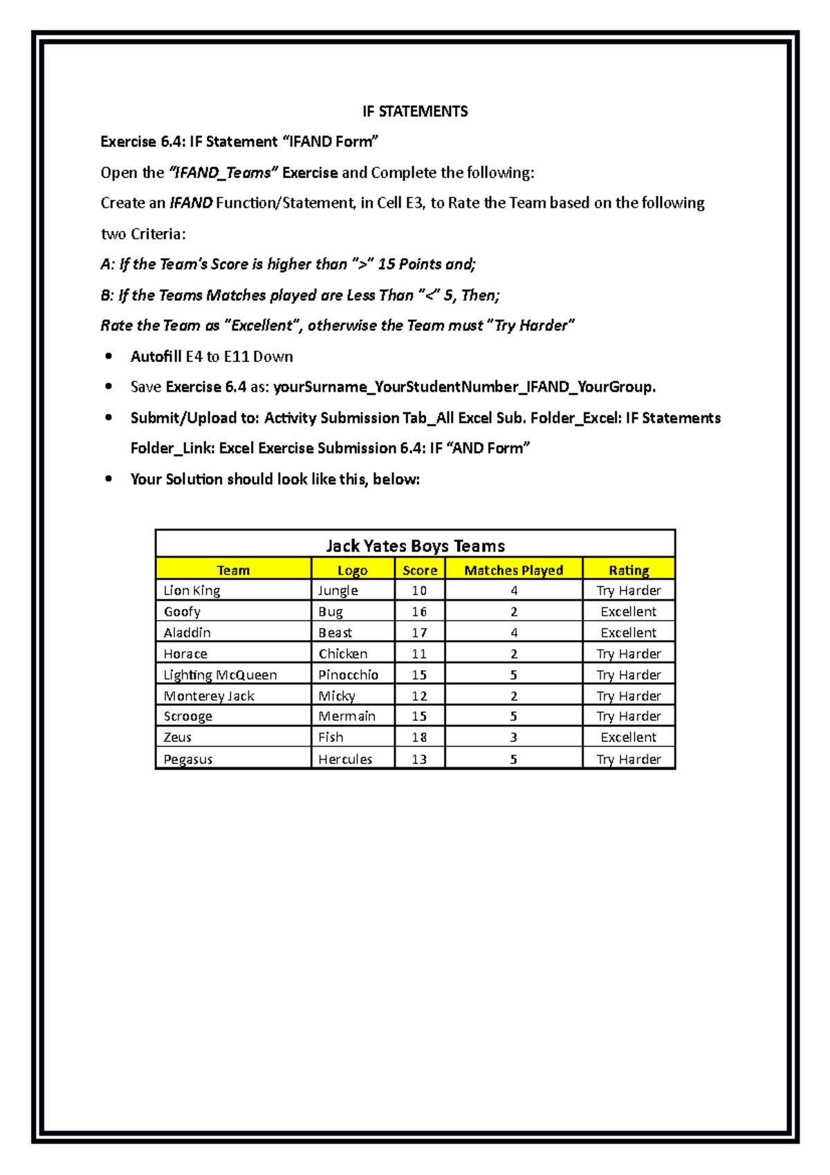 6.4 IF Teams Exercise - IF STATEMENTS Exercise 6: IF Statement “IFAND ...