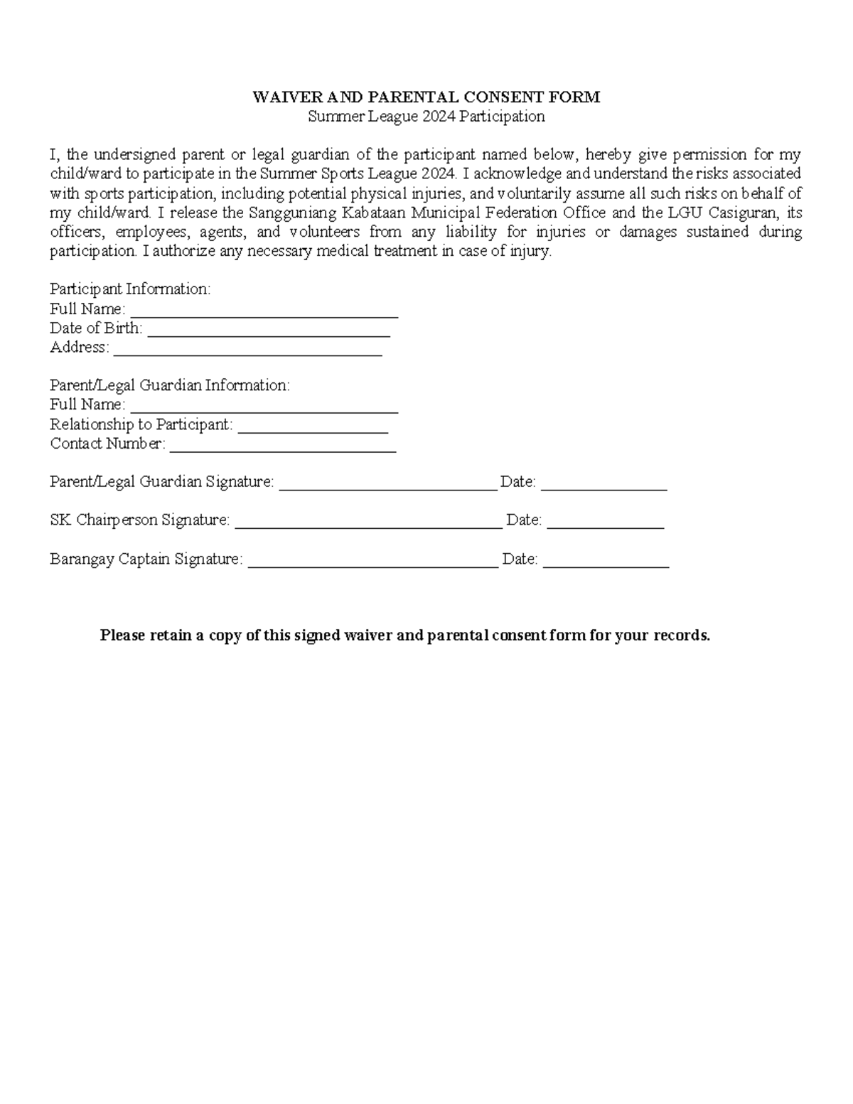 Waiver - WAIVER AND PARENTAL CONSENT FORM Summer League 2024 ...
