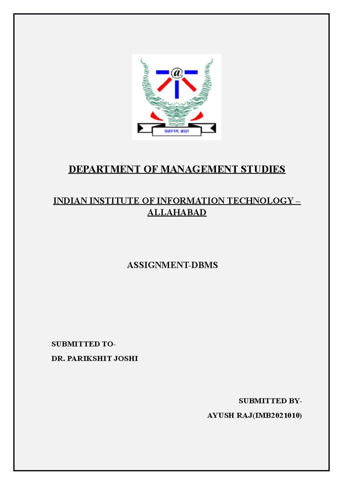 Dbms Assignment Introduction To Dbms Department Of Management