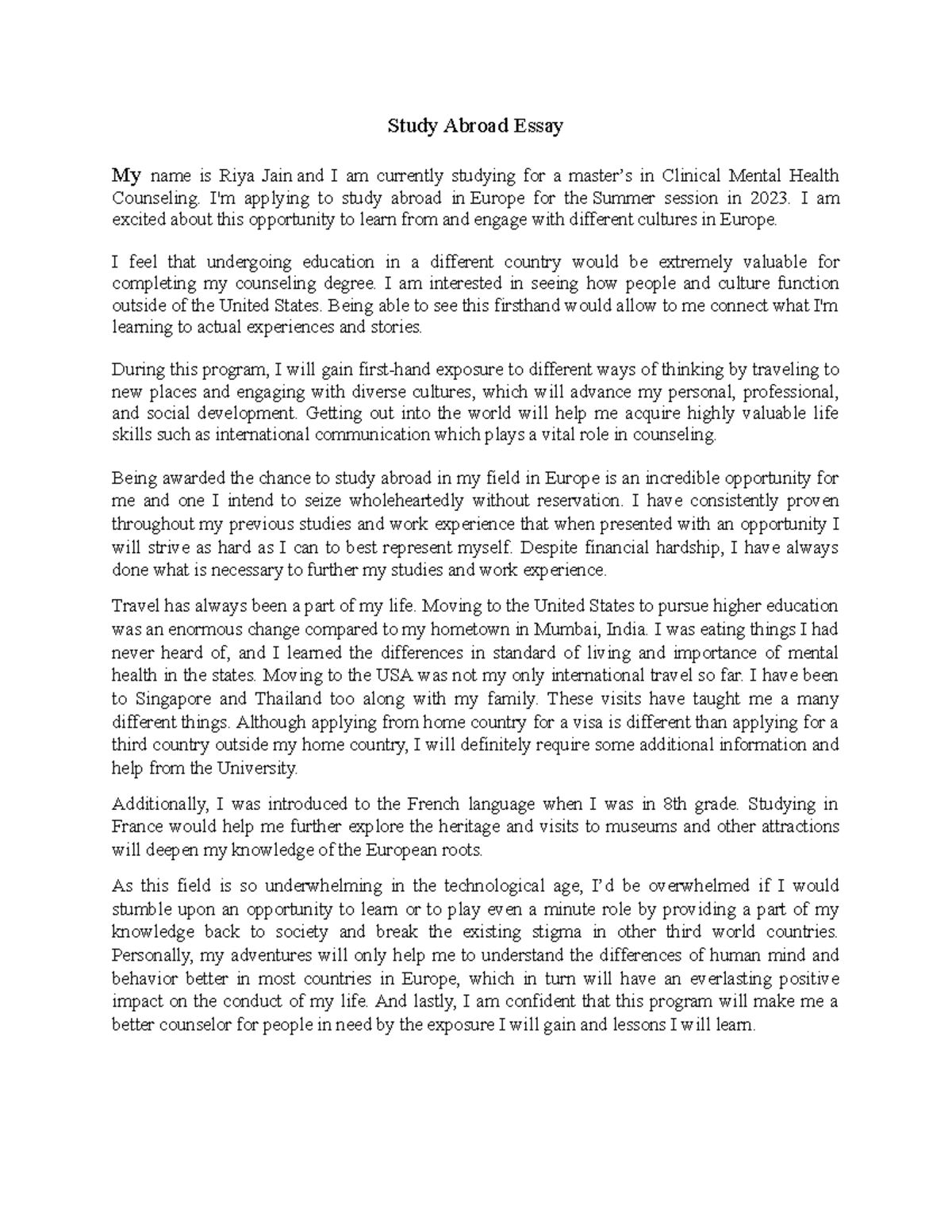 Jain Riya - Study Abroad Essay - Study Abroad Essay My name is Riya ...