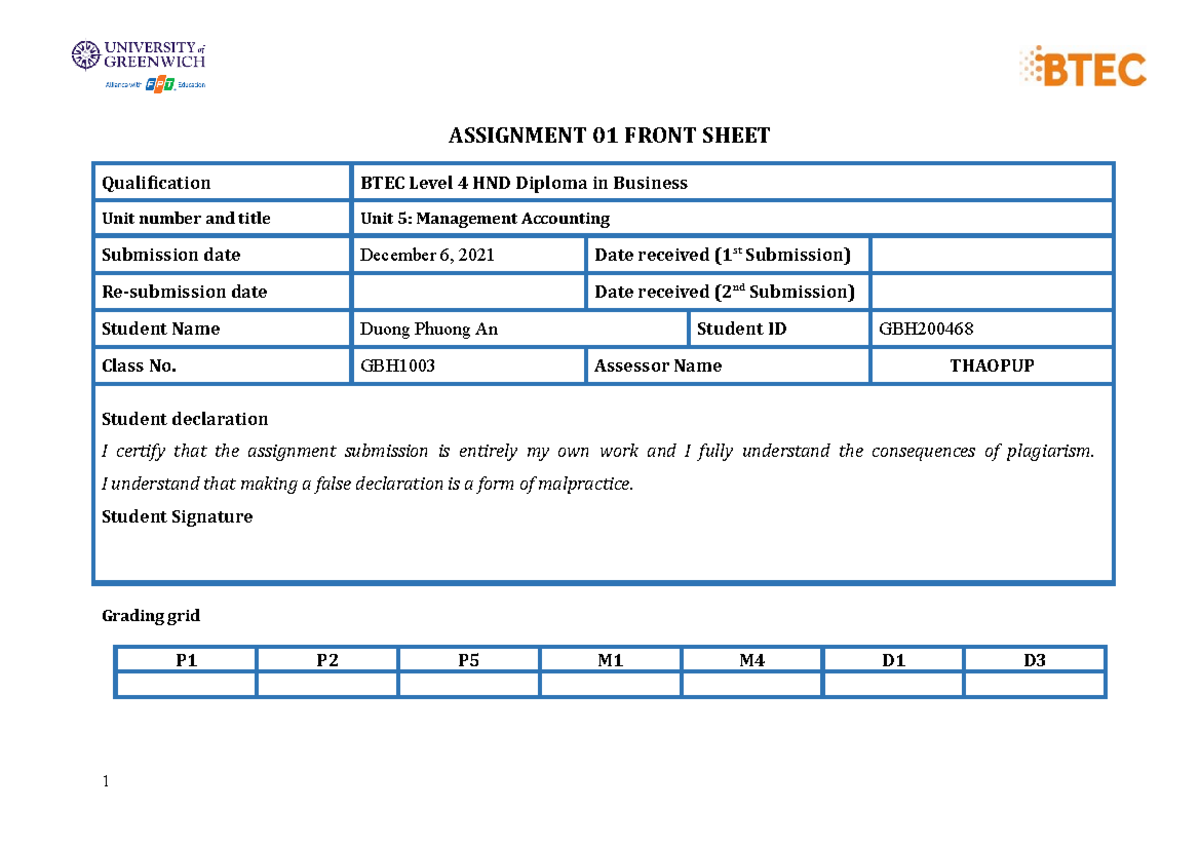 489 Assignment 1 GBH2004 68 - ASSIGNMENT 01 FRONT SHEET Qualification ...