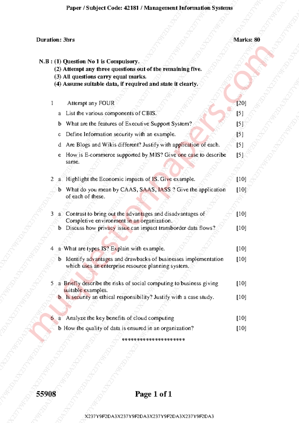 PYQ sem 7 Comps MIS - 55908 Page 1 of 1 Duration: 3hrs Marks: 80 N : (1) Question No 1 is - Studocu
