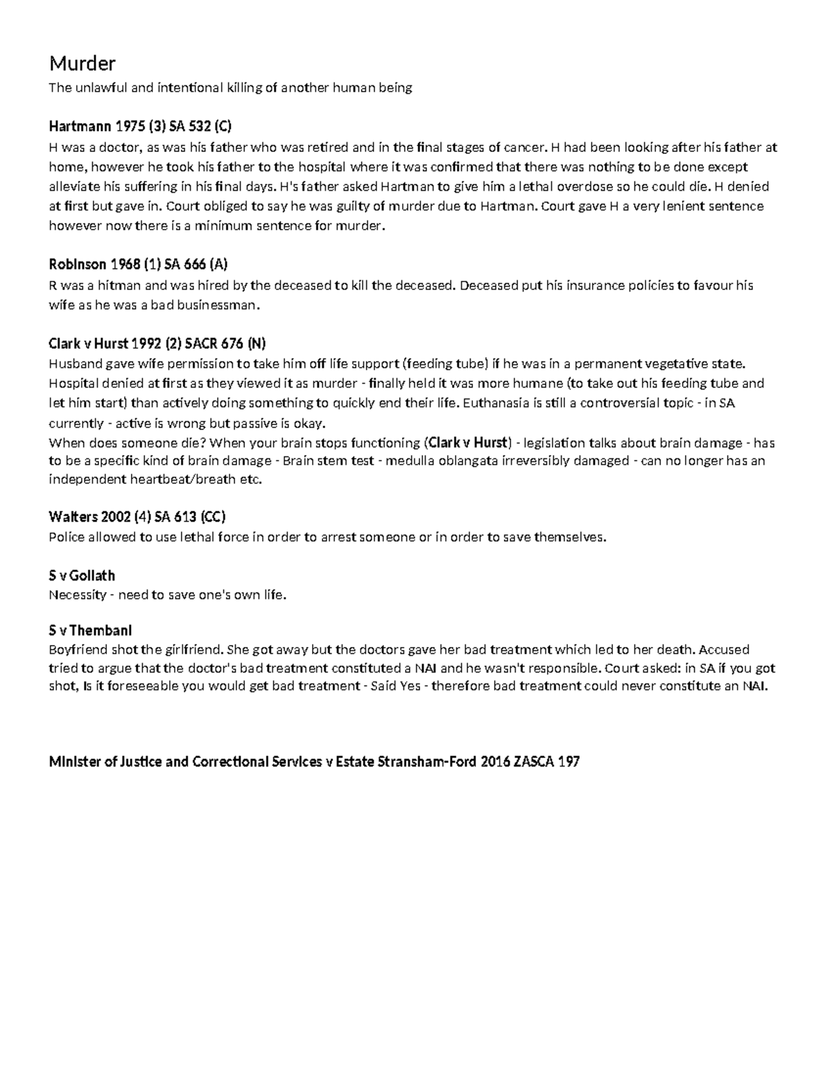 Specific Offences Case summaries - Murder The unlawful and intentional ...