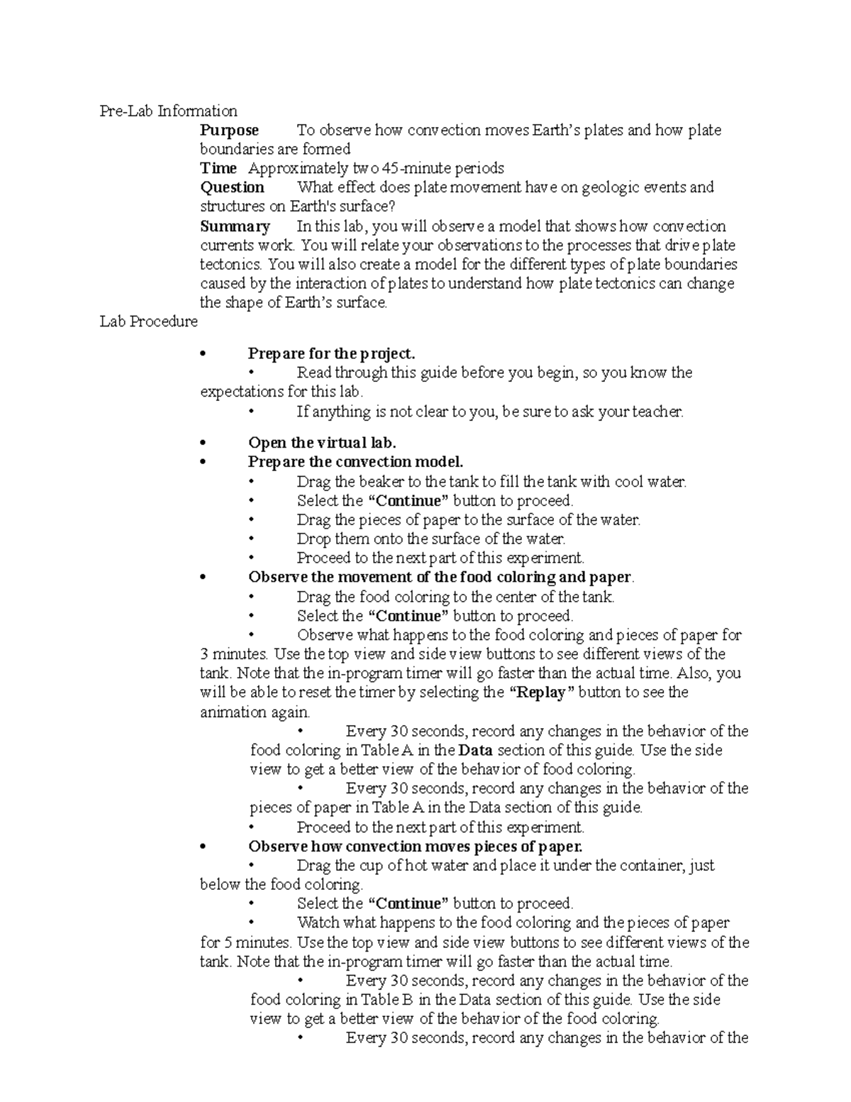 Plate Boundaries student Virtual Lab Guide copy - Pre-Lab Information Purpose To observe how ...