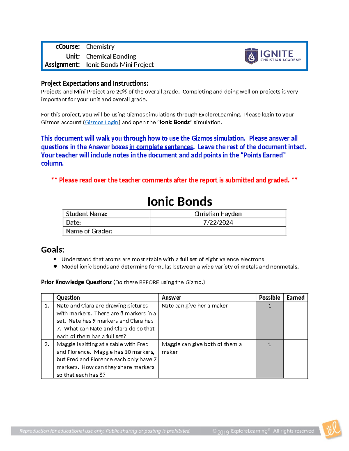 Lastname Chem03 Ionic Bondsv 4 - cCourse: Chemistry Unit: Chemical Bonding Assignment: Ionic ...