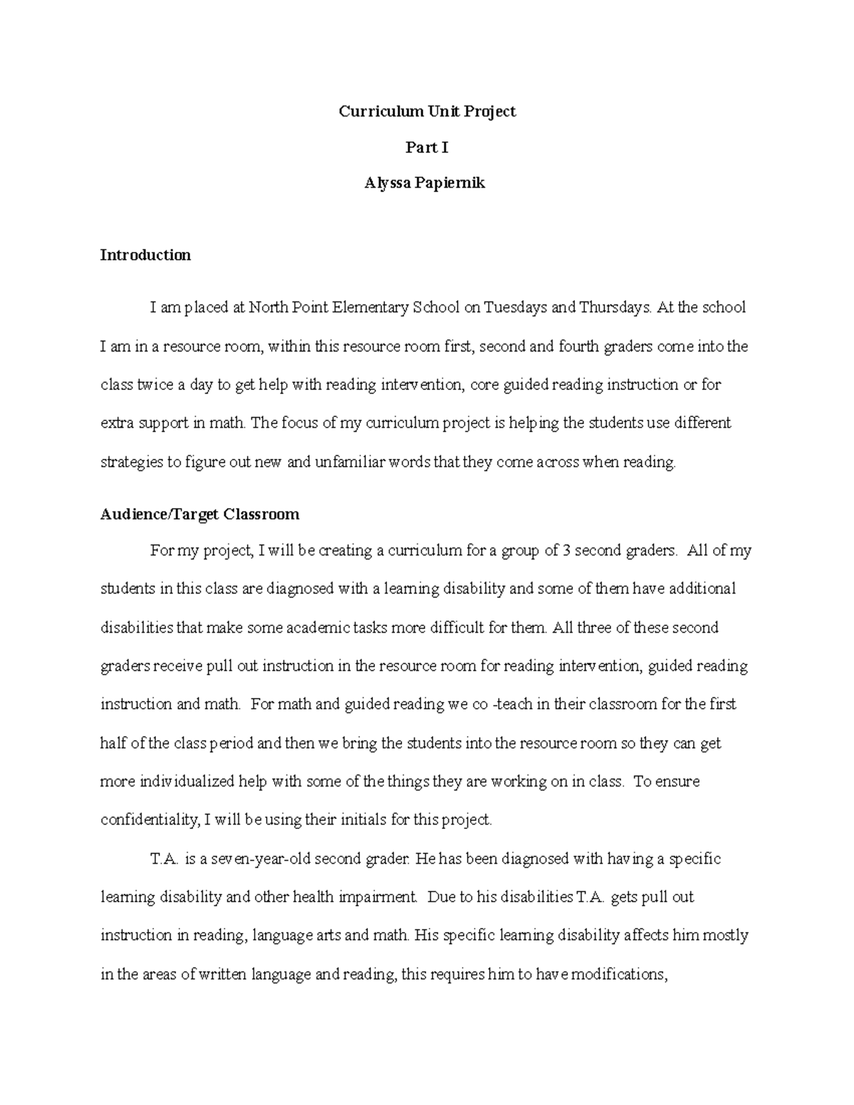 Curriculum Unit Project-1 Corrections - Curriculum Unit Project Part I ...