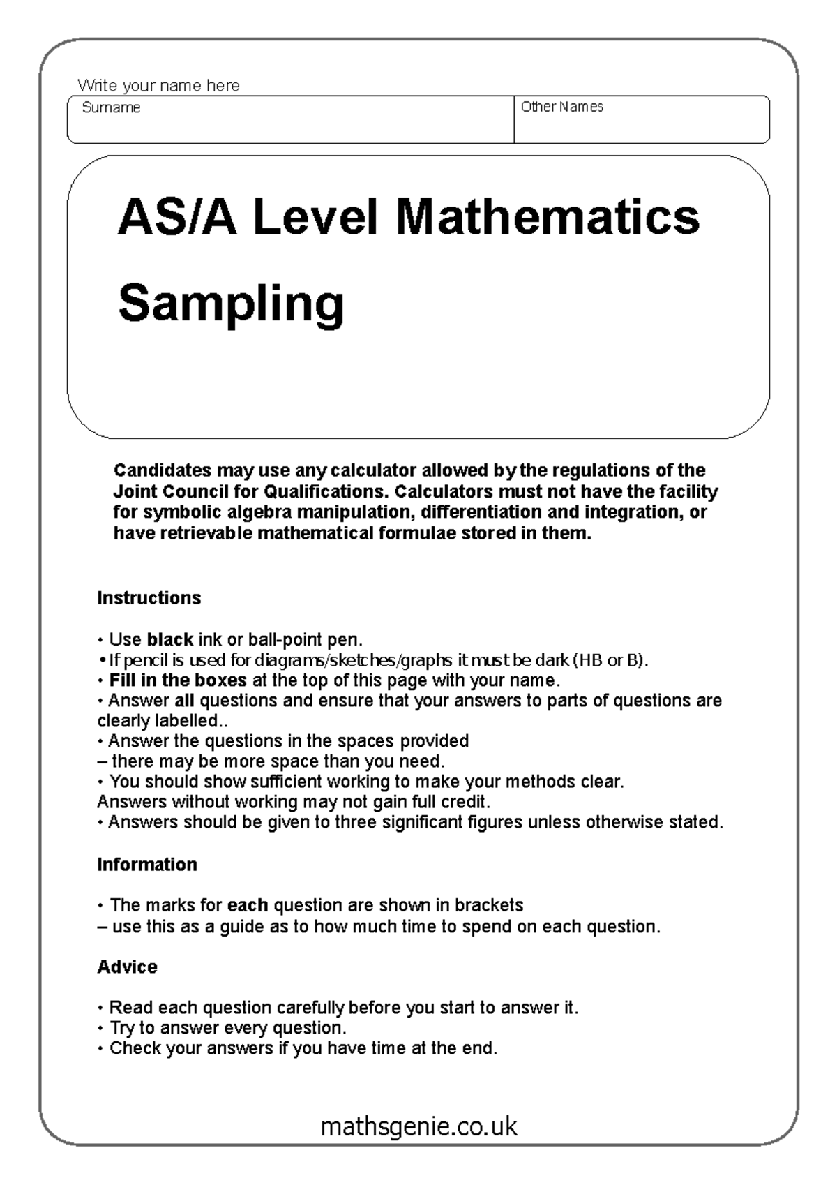 As-stats-sampling - mathsgenie.co Write your name here Surname Other ...