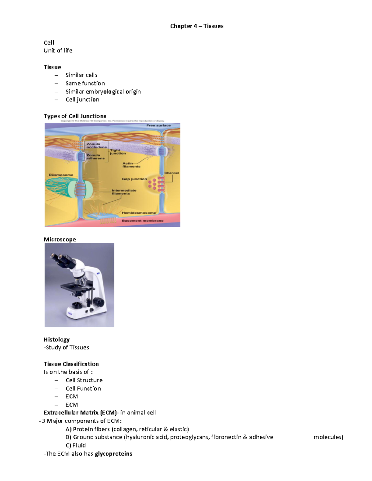 Revised Chapter 4-9 lec notes 1 1 - Chapter 4 – Tissues Cell Unit of ...