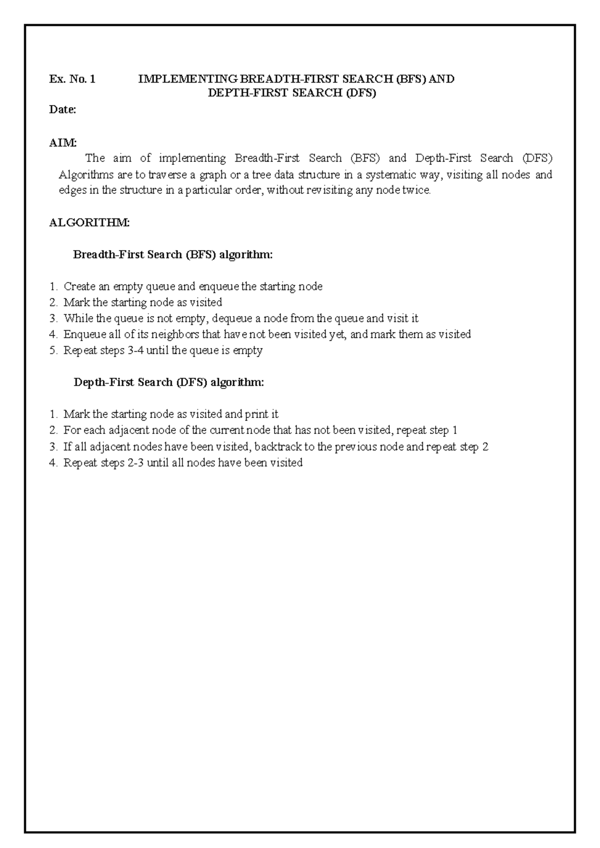 AIML LAB Manual - CS3491 - Ex. No. 1 IMPLEMENTING BREADTH-FIRST SEARCH (BFS) AND DEPTH-FIRST ...