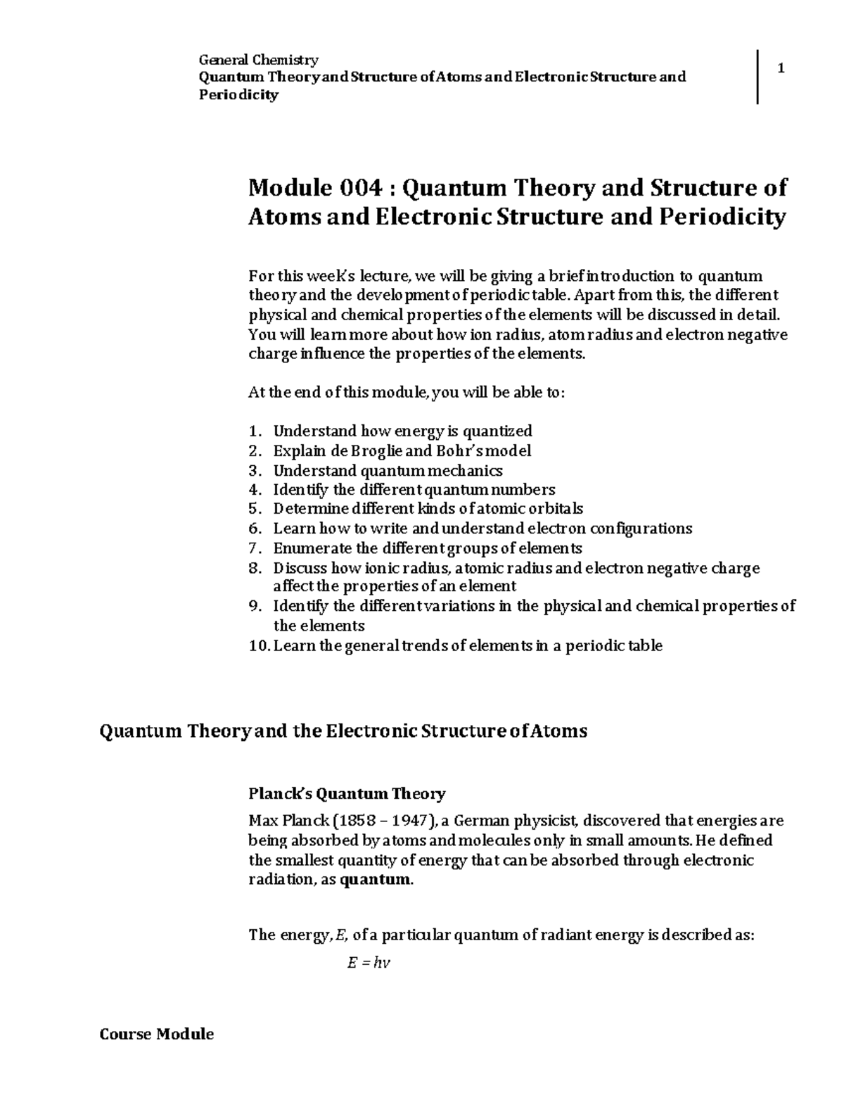 W4 Module 4 Quantum Theory and Structure of - General Chemistry Quantum ...
