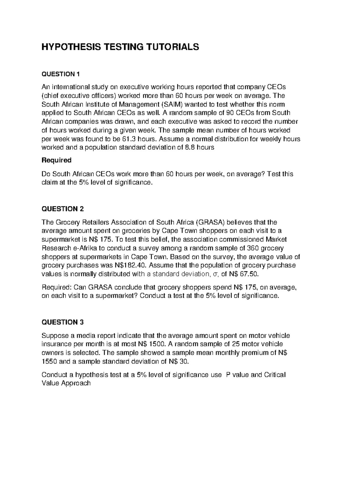 Hypothesis Testing Tutorials - HYPOTHESIS TESTING TUTORIALS QUESTION 1 ...