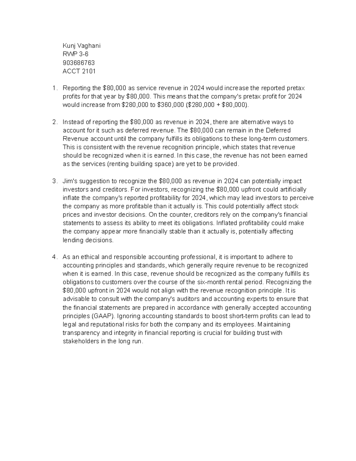 RWP 3-6 - Answer for RWP 3-6 - Kunj Vaghani RWP 3- 903686763 ACCT 2101 ...
