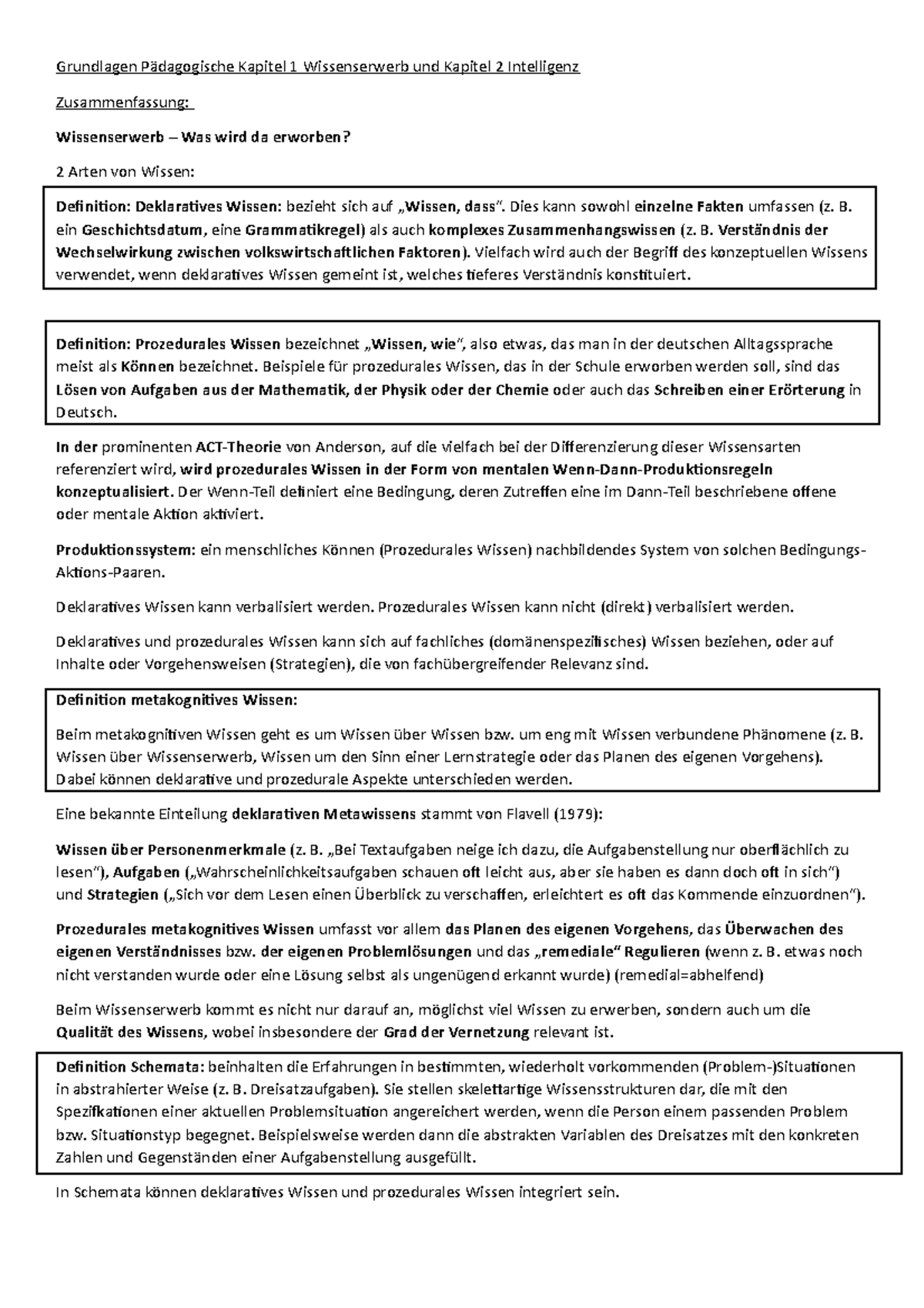 Grundlagen Pädagogische Kapitel 1 Wissenserwerb und Kapitel 2 Intelligenz - Dies kann sowohl ...