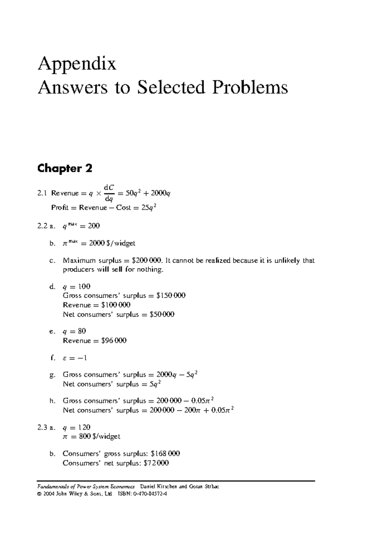 Pdfcoffee - Electricity market - Appendix Answers to Selected Problems Chapter 2 2 Revenue = q × ...