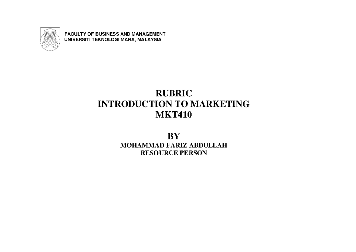 MKT410 Rubrics Assignment - FACULTY OF BUSINESS AND MANAGEMENT ...