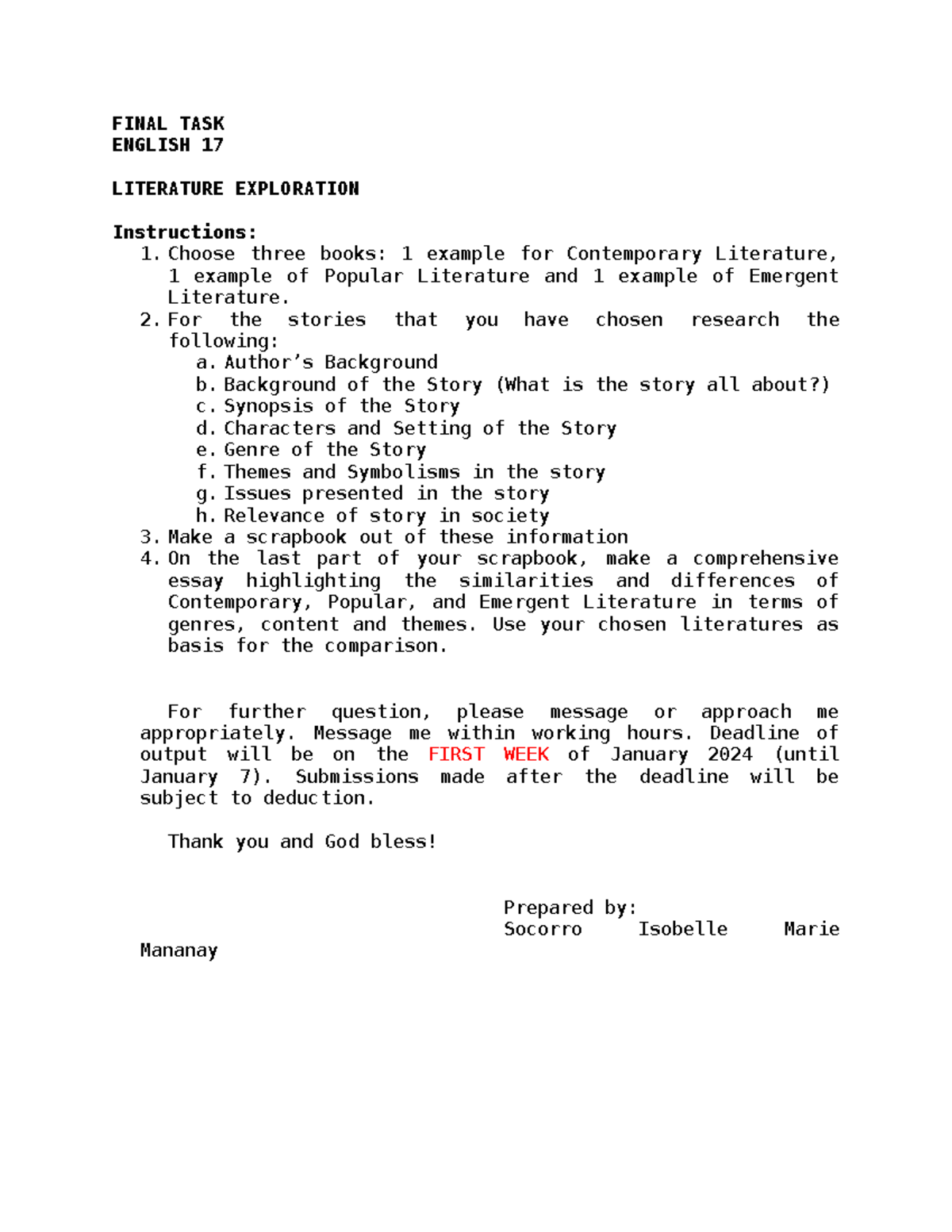 Final-TASK - FINAL TASK ENGLISH 17 LITERATURE EXPLORATION Instructions ...