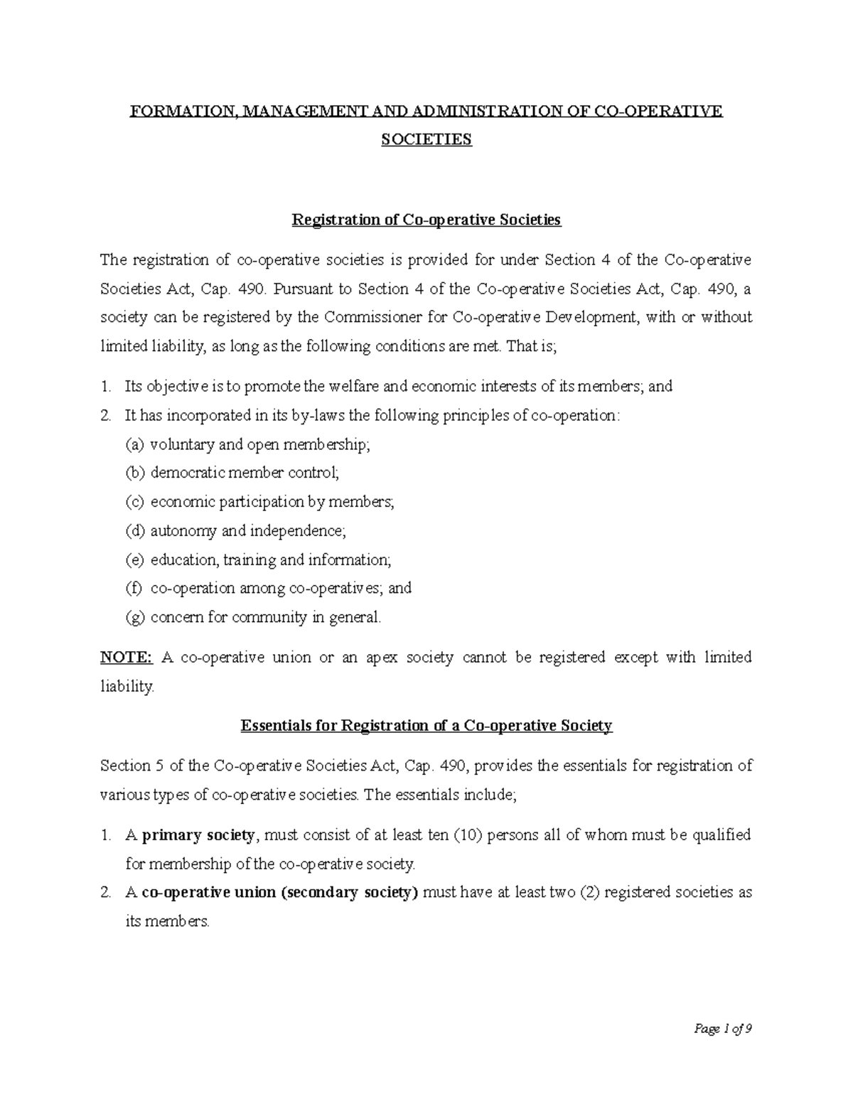 Formation AND Registration CO- Operative Societies - FORMATION ...