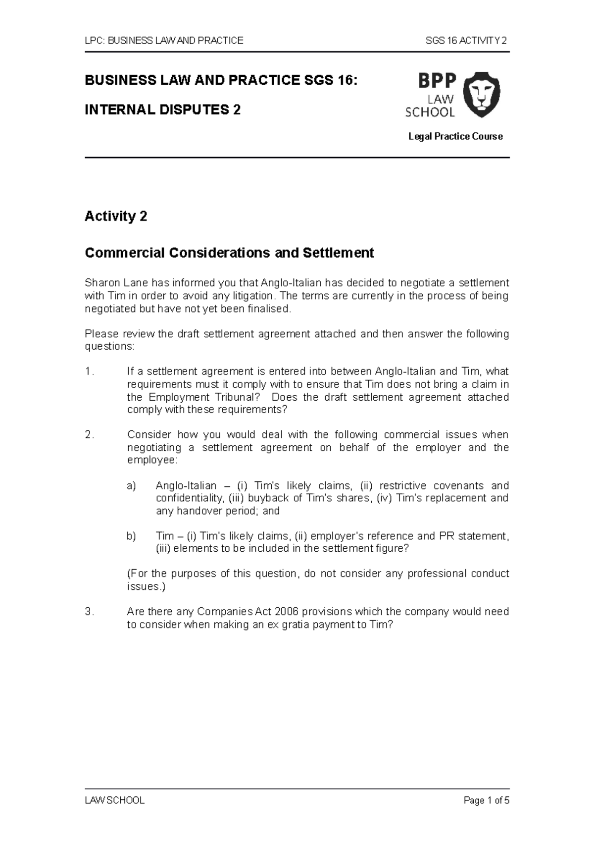 BLP SGS 16 Activity 2 23-24 - LPC: BUSINESS LAW AND PRACTICE SGS 16 ...